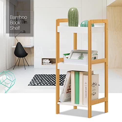 MoNiBloom 3 Tier Small Bookcase, Bamboo Standing Storage Bookshelf Kids Open Shelf Organizer Display Rack Table for Bathroom Bedroom Office Living Room, Natural/White