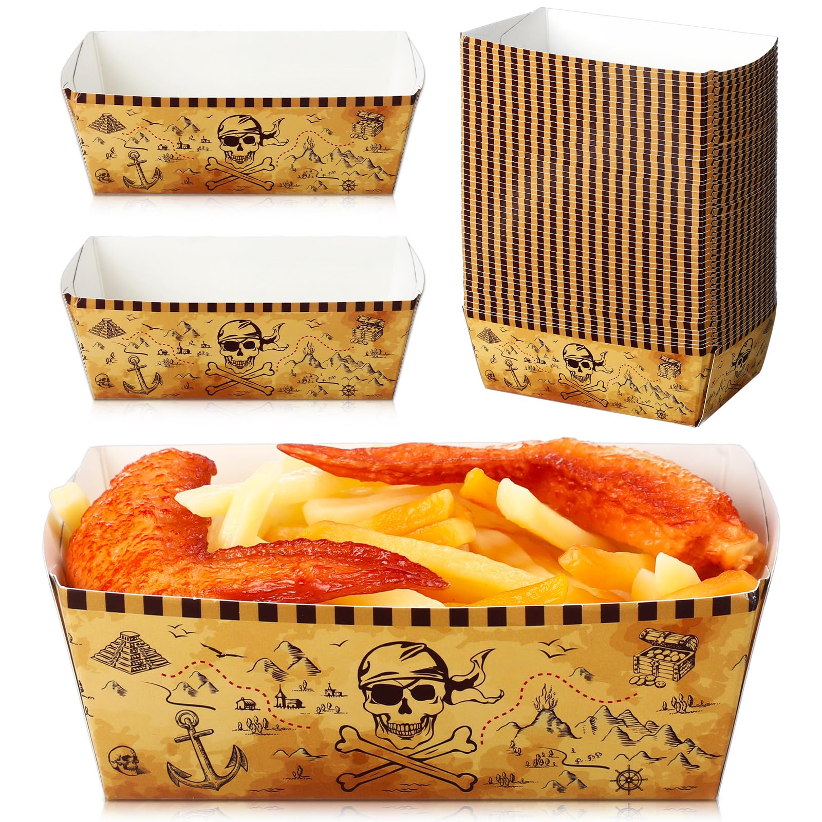 Junkin 50 Pcs Pirate Party Supplies Decorations Pirate Paper Food Trays Nautical Theme Party Favors Disposable Snack Box Boat for Halloween Pirate Caribbean Birthday Baby Shower (Brown)