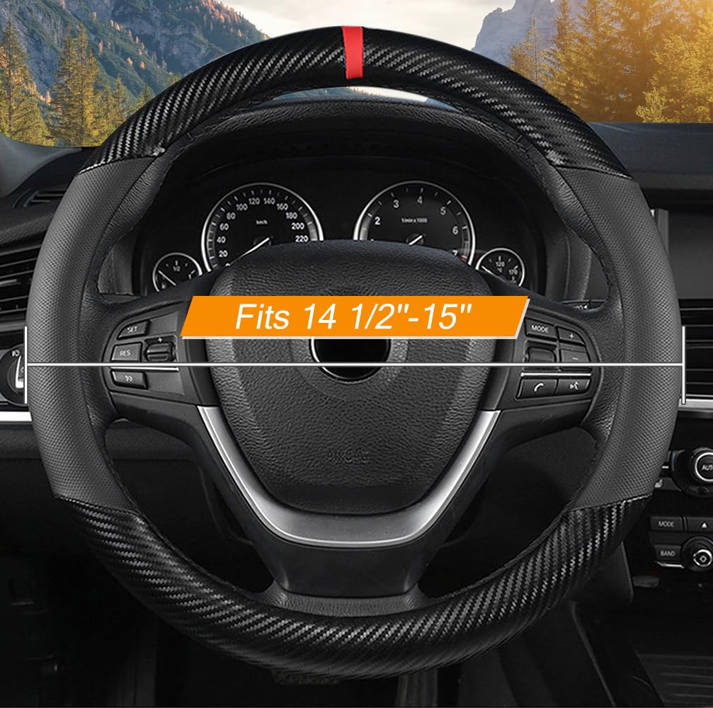 KAFEEK Car Steering Wheel Cover Men,Universal 15 inch, Microfiber Leather Carbon Fiber Black Steering Wheel Accessories, Anti-Slip, Odorless, Breathable, Black