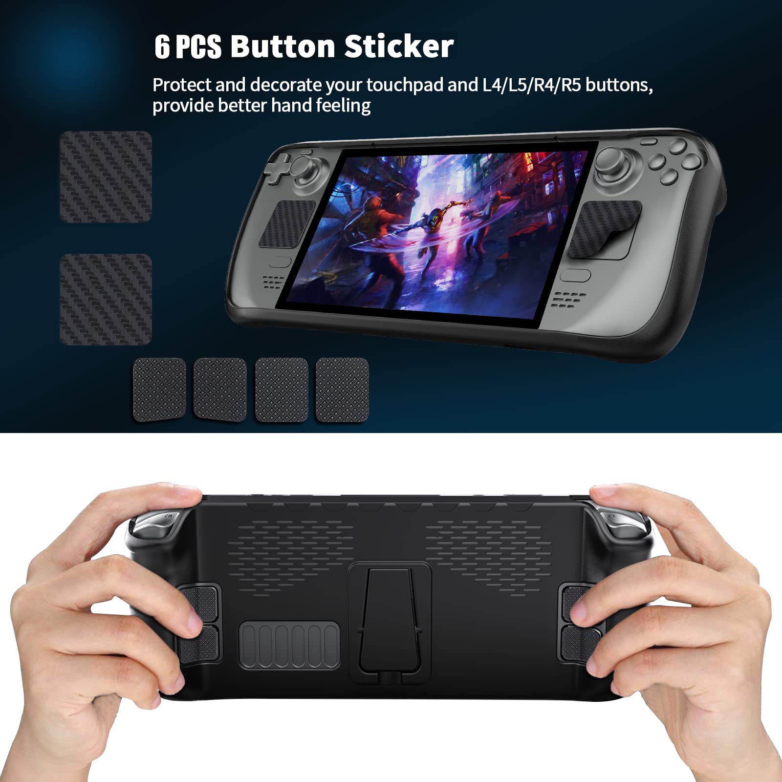 KUNSLUCK Protective Case for Steam Deck, TPU Protective Cover Case with Kickstand and 6 Pcs Protective Skin Compatible with Steam Deck, Shock-Absorption Non-Slip Anti-Scratch Design (Black