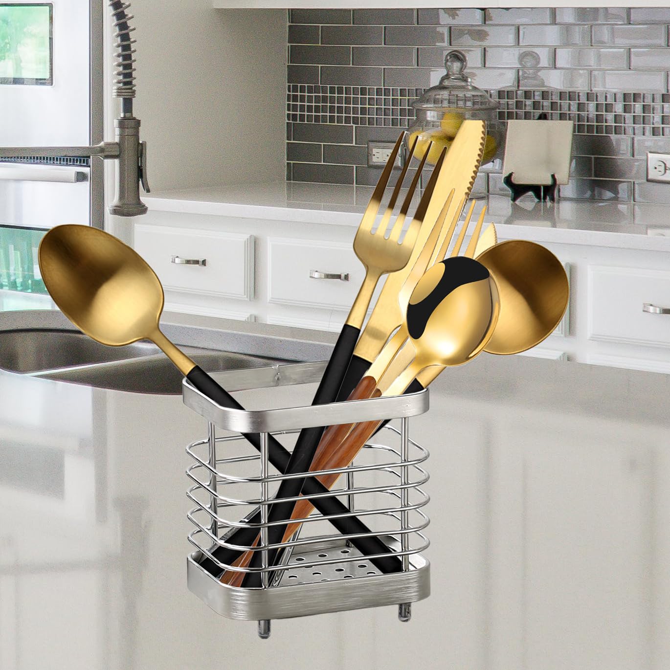 KEINEUX Utensil Holder Kitchen Countertop Organizer, Cutlery Drainer Sink Caddy Storage Drying Rack for Silverware Flatware and Cookware, Stainless Steel, Silver-4"