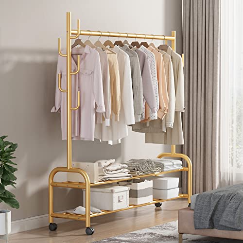 Thick forest Gold Clothes Rack Gold Clothing Rack Gold Garment Rack Rolling Organizer with Wheels Bottom Shelves Double Tiers for Multipurpose (Gold)