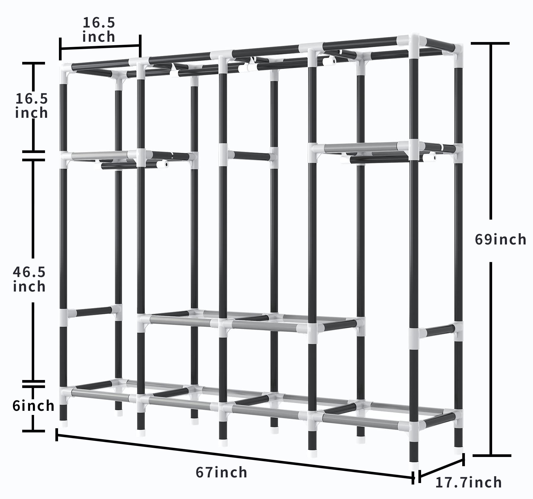 KEKIWE Portable Closet, 69 Inch Wardrobe Closet for Hanging Clothes with 4 Hanging Rods, 8 Storage Shelves, Side Pockets, Strong and Durable 25mm Metal Tube, Quick and Easy to Assembly, Grey