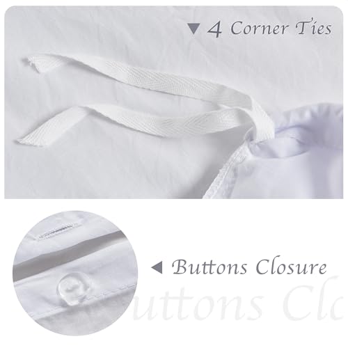 Tyfitb 100% Washed Cotton Duvet Cover Set, 3 Pieces Linen Feel Textured Soft Comfortable Breathable Bedding Set with Button Closure and Ruffled Fringe for All Season, Solid White, King, No Comforter