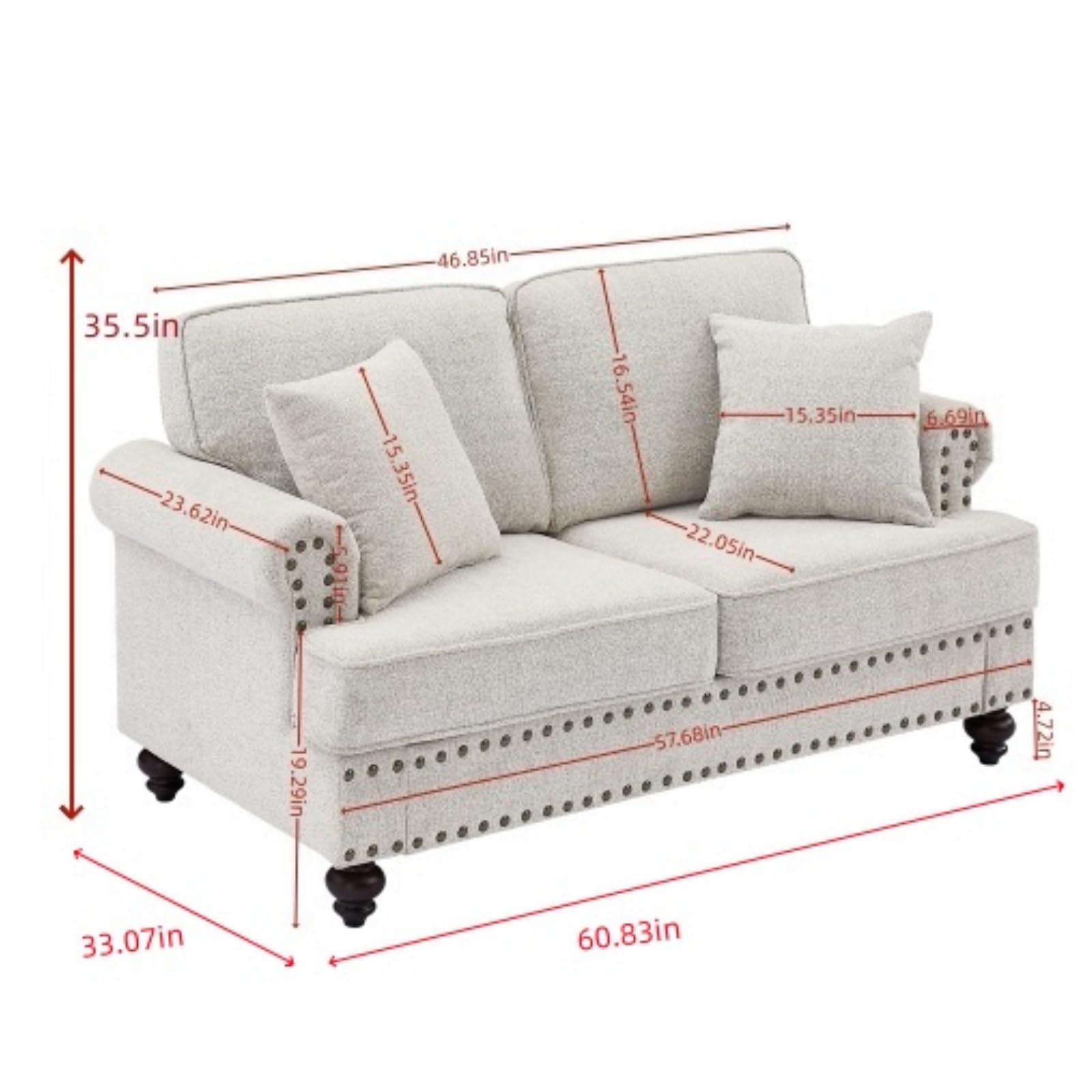 YSJZYBF 61" Chenille Modern Upholstered Sofas Love Seater with Nails and Armrests Mid Century Loveseat Sofas Modern Couch Couches for Living Room Apartment Office Bedroom White
