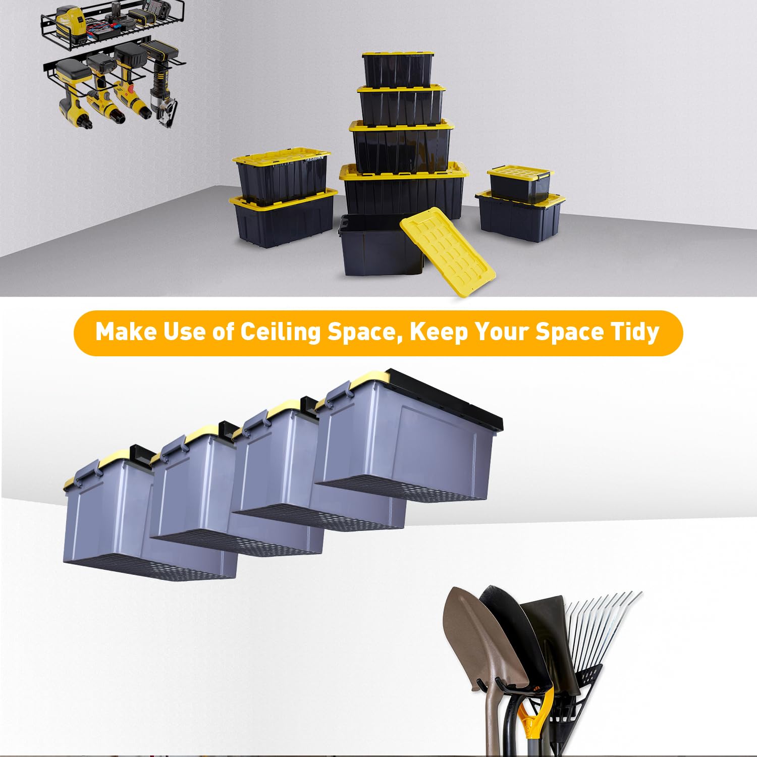 TOPOWN Garage Ceiling Bin Storage Rack, Overhead Tote Storage Rail System Heavy Duty Garage Ceiling Bin Storage Rack, Overhead Tote Storage Rail System, Tote Slide Garage Storage System(for 4 bins)