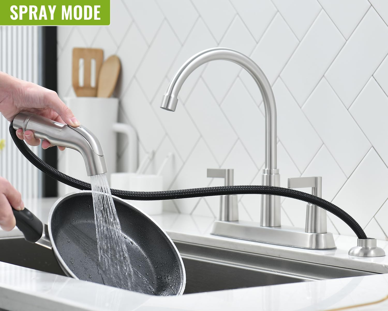 Kitchen Faucet with Sprayer, Brushed Nickel Stainless Steel Kitchen Sink Faucet with Side Sprayer, 3 Hole or 4 Hole Faucet for Kitchen Sink, Commercial RV Laundry Utility Kitchen Faucet KMF023L-1
