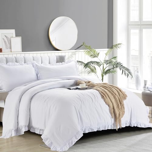 Tyfitb 100% Washed Cotton Duvet Cover Set, 3 Pieces Linen Feel Textured Soft Comfortable Breathable Bedding Set with Button Closure and Ruffled Fringe for All Season, Solid White, King, No Comforter