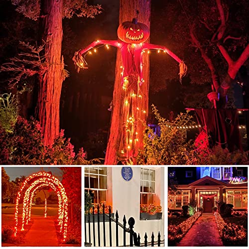 kemooie 2 Pack 100 LED Orange Solar Halloween Lights, 8 Twinkle Modes Waterproof Upgraded Solar Powered Fairy Lights, for Outdoor Garden Patio Christmas Halloween Decorations (Orange)