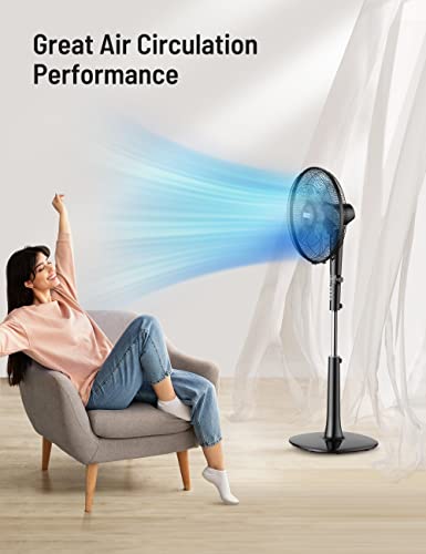 PARIS RHÔNE Fans for Home Bedroom, Oscillating Fan with Remote,16" Standing Floor Fans for Home, Dual Blade with 3 Wind Modes 12 Speed Levels,18-Hour Timer, Adjustable Height 44 to 53.1 Inch, Black