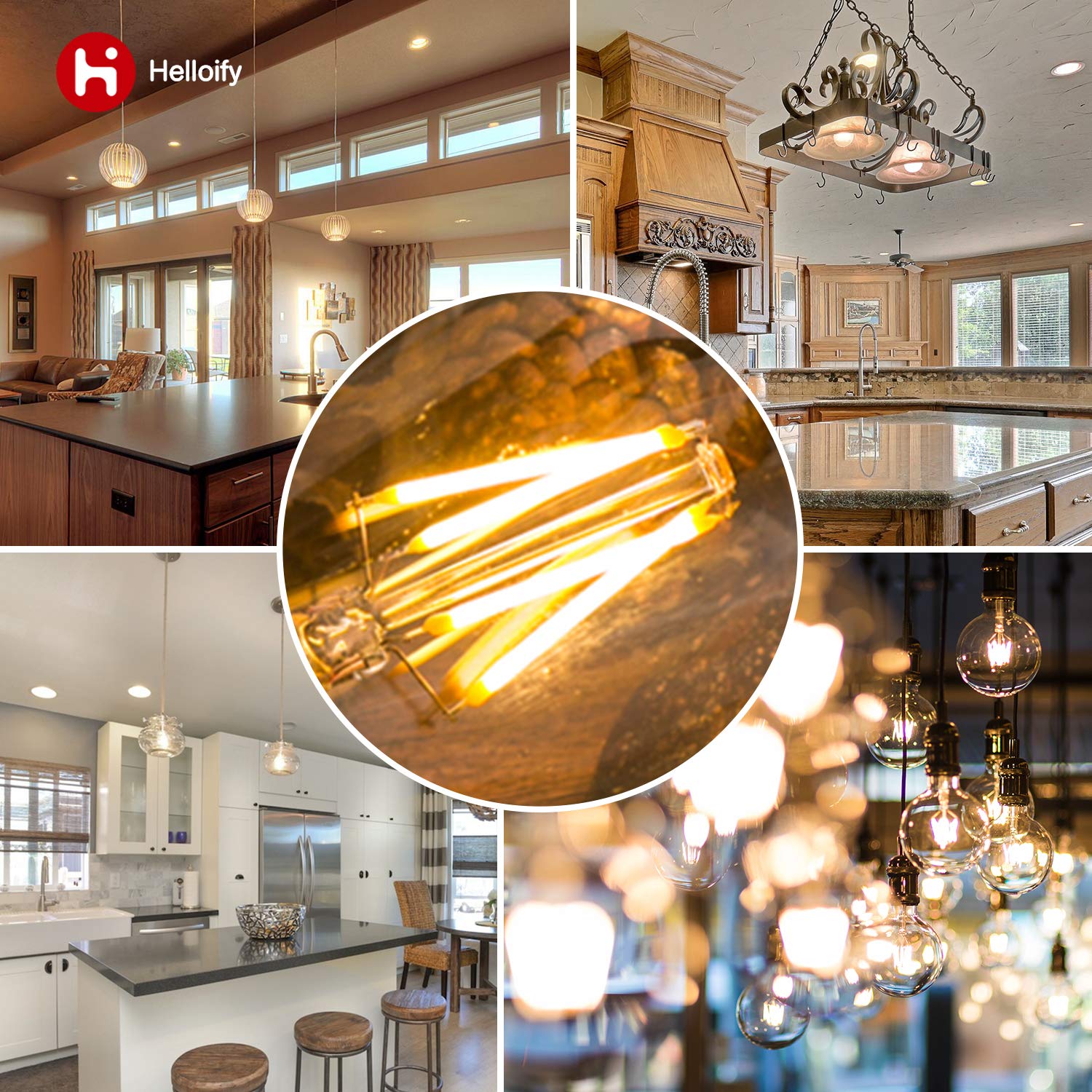 helloify A19 LED Filament Bulbs, 60W Equivalent, Edison Vintage Dimmable Energy Efficient Lamp for Pendant Wall Light Fixtures Office Bedroom Bathroom, E26 Base, 2700K Warm White Light, 6PCS