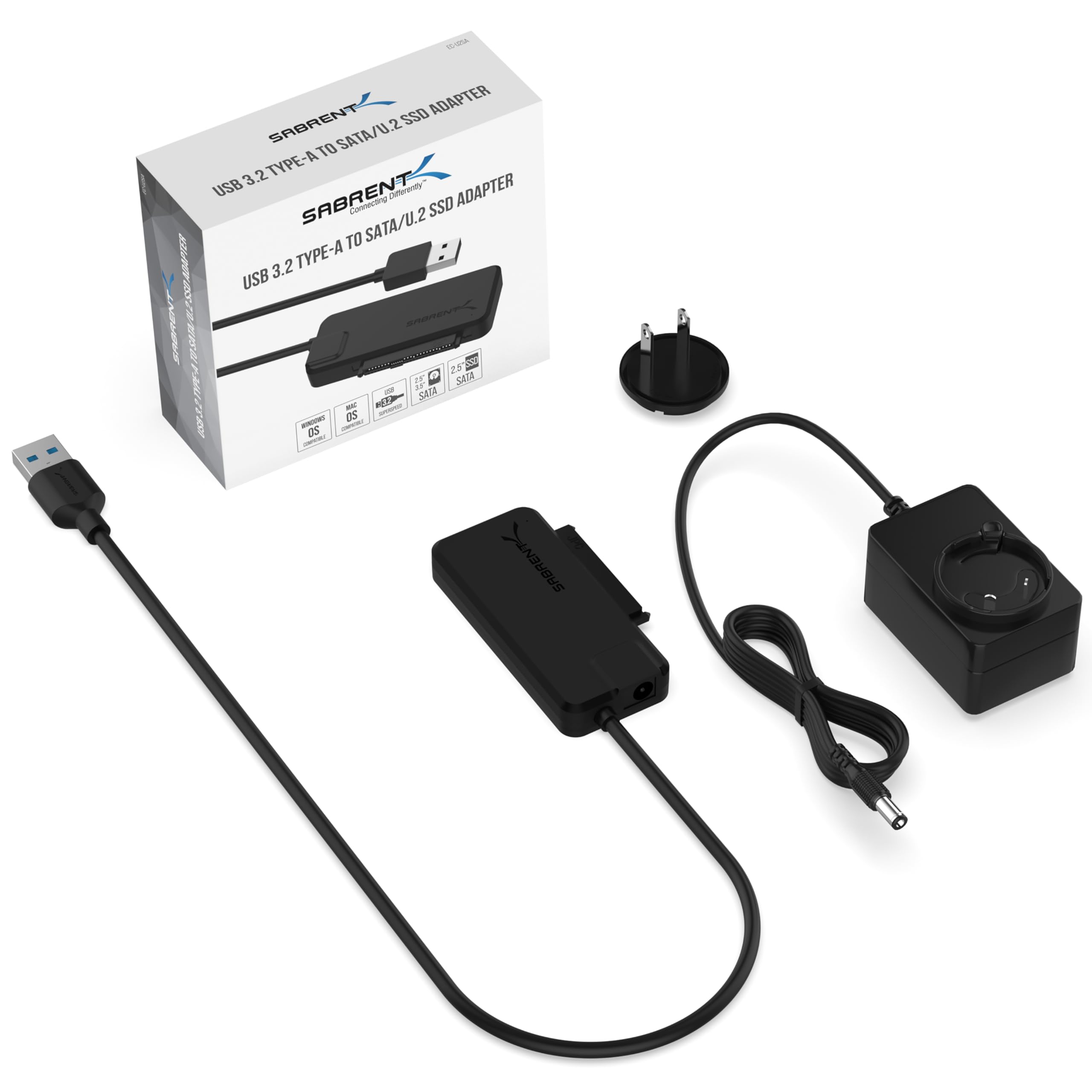 SABRENT USB 3.2 Type A to SATA/U.2 SSD Adapter Cable with 12V/2A Power Supply [EC-U2SA]