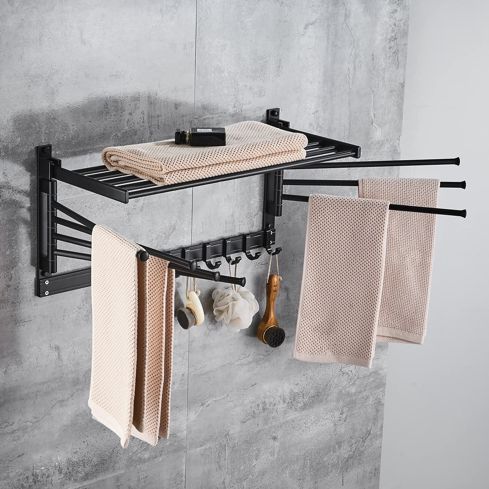 Towel Rack with 7 Towel Bar Holder Foldable Towel Shelf with Movable Hooks Wall Mounted Lavatory Towel Organizer Space Saving Towel Holder Black