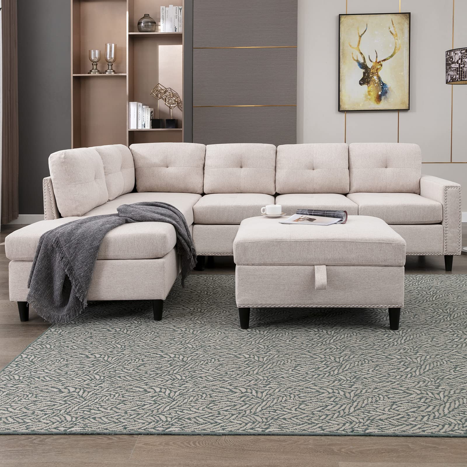 ZAFLY 101" Sectional Couch, L Shaped Sofa with Storage, Convertible Sofá 4-Seat with Reversible Chaise, Living Room Fabric Sofa Sets with Cup Holders -Beige