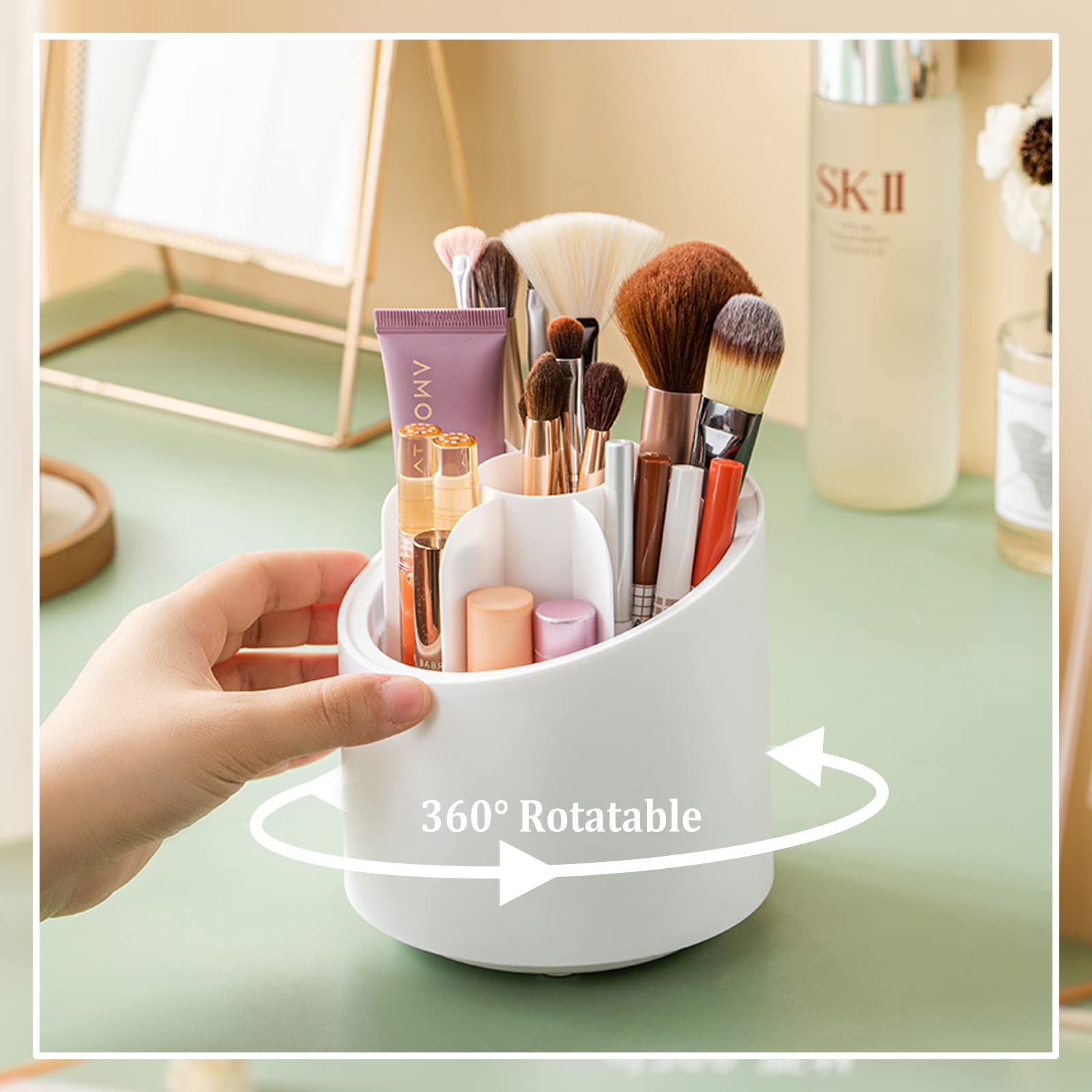 Myskuasin Makeup Brush Holder with Lid, Rotatable Clear Acrylic Makeup Brush Organizer Cup 5x5x9.25 inch, Makeup Container Storage
