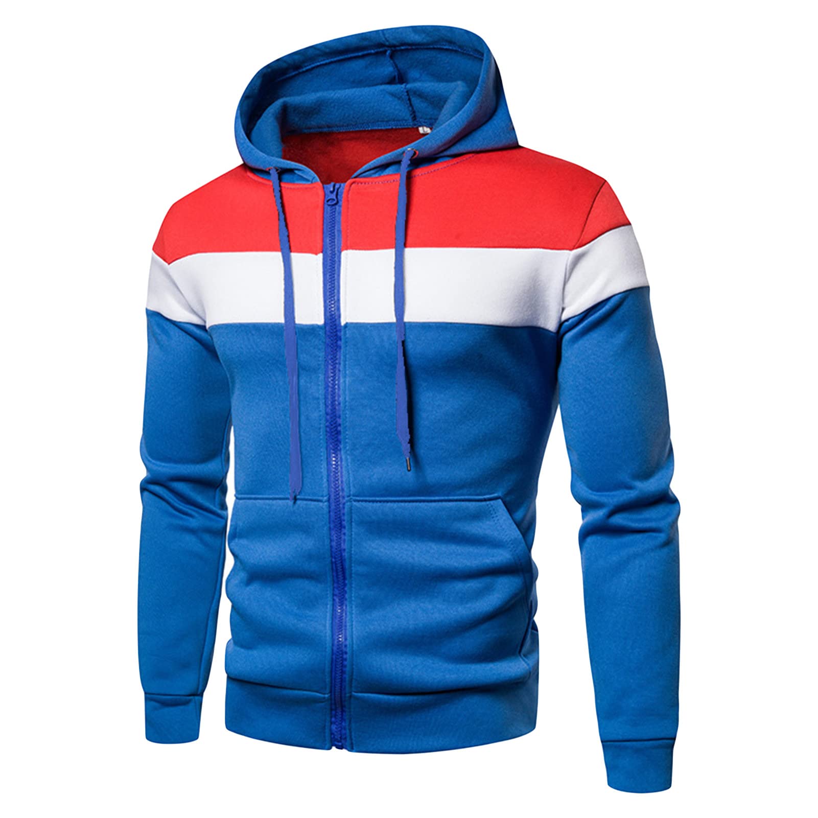 Maiyifu-GJ Men Zip Up Color Block Hoodies Blend Fleece Long Sleeve Sweatshirt with Kanga Pockets Zip Front Slim Hooded Hoodie (Blue,Large)