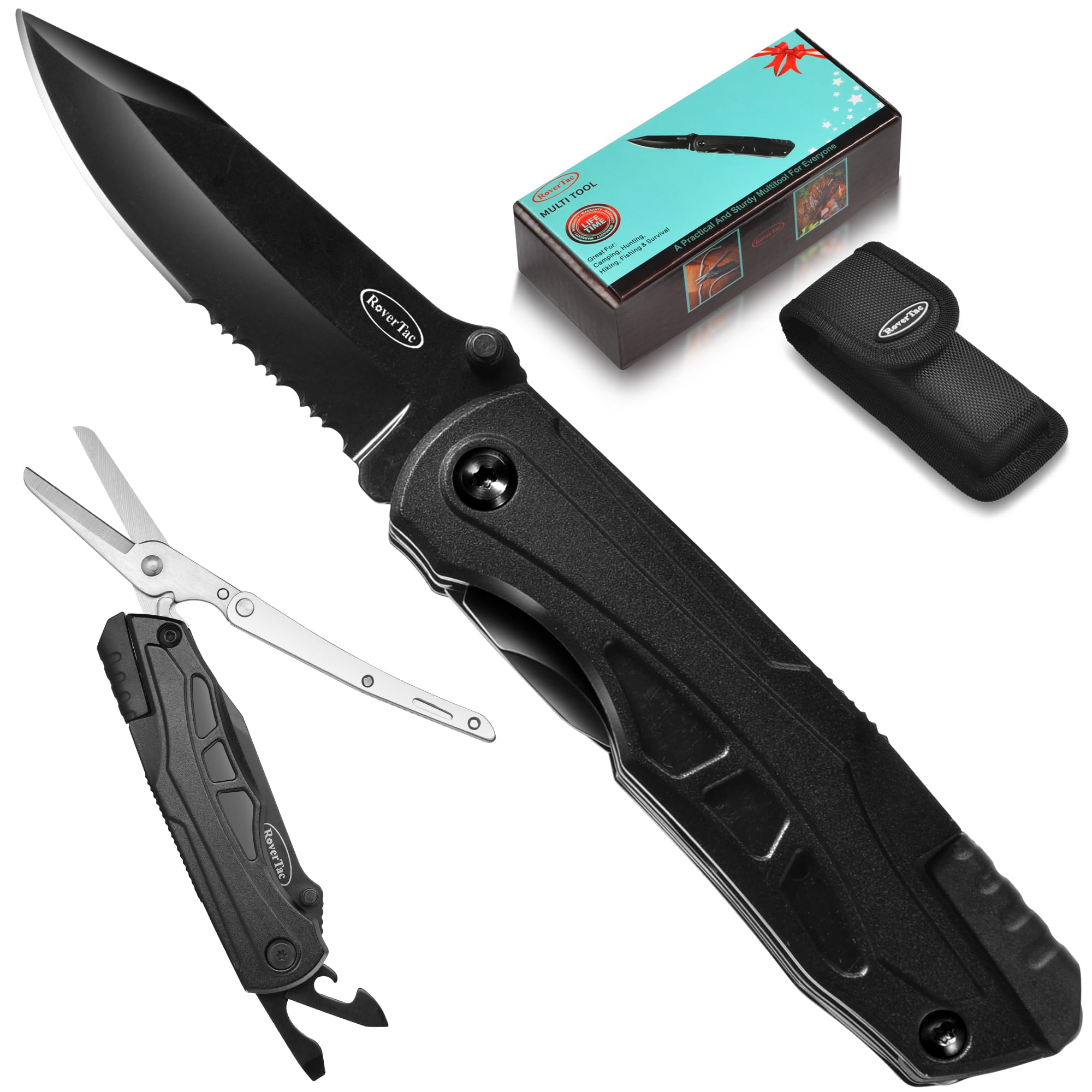 RoverTac Pocket Knife Multi Tool Tactical Knife Multitool Knife with Scissors Bottle and Can Opener Fire Starter Whistle Screwdriver Perfect for Camping Hiking Survival Christmas Gifts for Men Dad