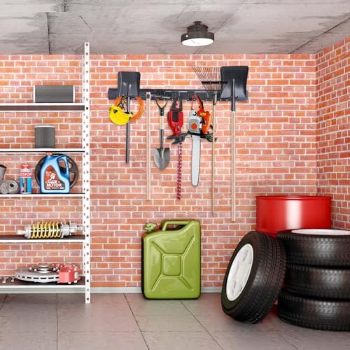 VEVOR Garage Tool Organizer, 600 lbs Max Load Capacity, Wall Mount Yard Garden Storage Rack Organization Heavy Duty with 6 Adjustable Hooks and 3 Rails, for Garden Tools, Shovels, Trimmers, and Hoses