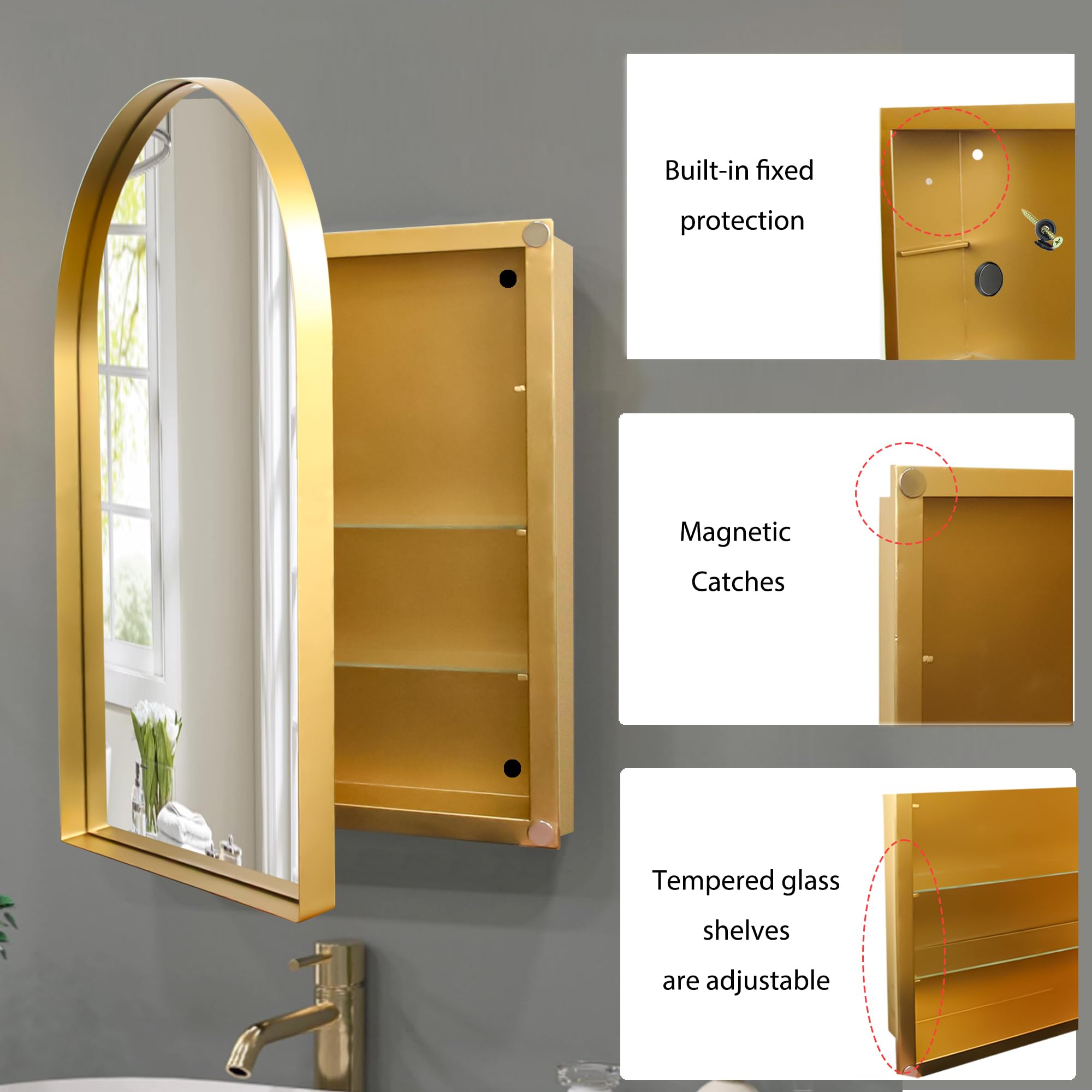 roomfitters 24x36 Arched Recessed Medicine Cabinet, Metal Framed Storage Cabinet with Mirror for Bathroom, Matte Black