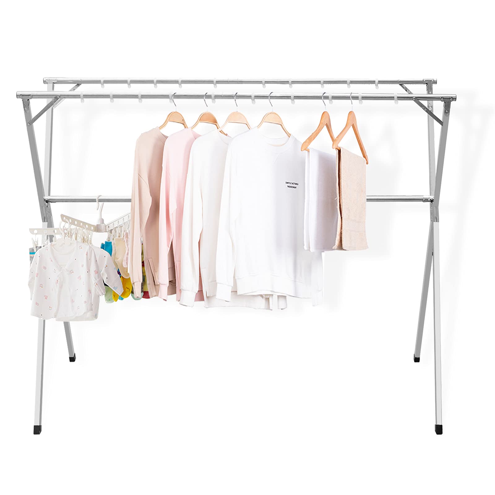 TORIBIO 59 Inch Clothes Drying Rack, Retractable Laundry Drying Rack Folding Indoor Outdoor, Length Adjustable Heavy Duty Stainless Steel Clothing Garment Rack with 20 Windproof Hooks