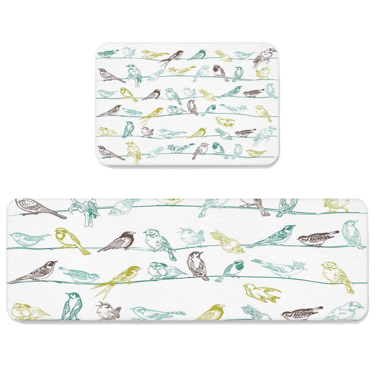 LooPoP Birdies On Wire Kitchen Mats for Floor Cushioned Anti Fatigue 2 Piece Set Kitchen Runner Rugs Non Skid Washable Animal Bird Print Design 19.7x31.5+19.7x47.2