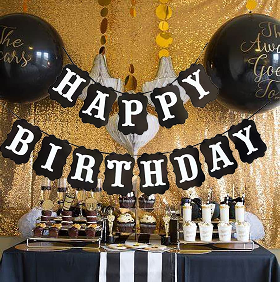 Large Black Happy Birthday Banner, Happy Birthday Bunting Sign with White Letters, Happy Birthday Decorations for Boys Women Men