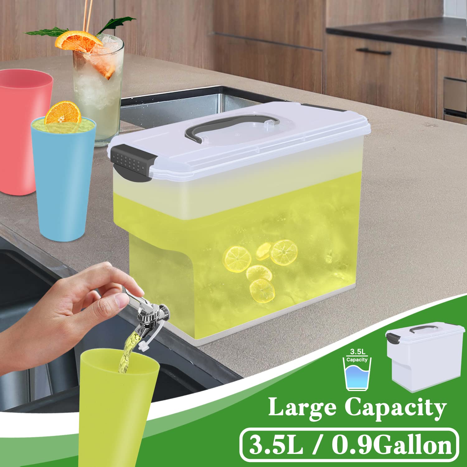 KITHOUSE Drink Dispenser For Fridge, 3.5L/0.9Gallon 3 Pack PP Plastic Beverage Dispenser Water Container with Faucet Handle 4 Cups Water Lemonade Juice Milk Dispenser