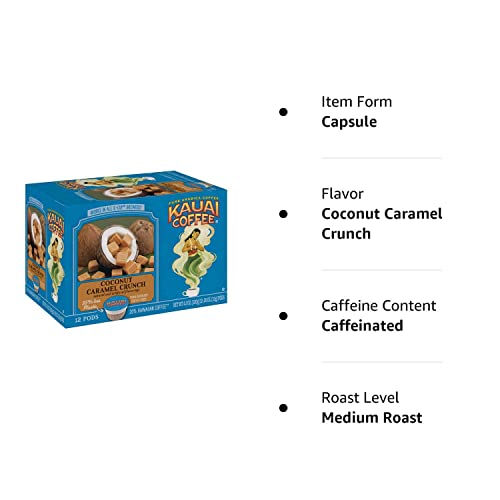 Kauai Coffee Coconut Caramel Crunch Medium Roast- Compatible with Keurig Pods K-Cup Brewers (1 Pack of 12 Single-Serve Cups)