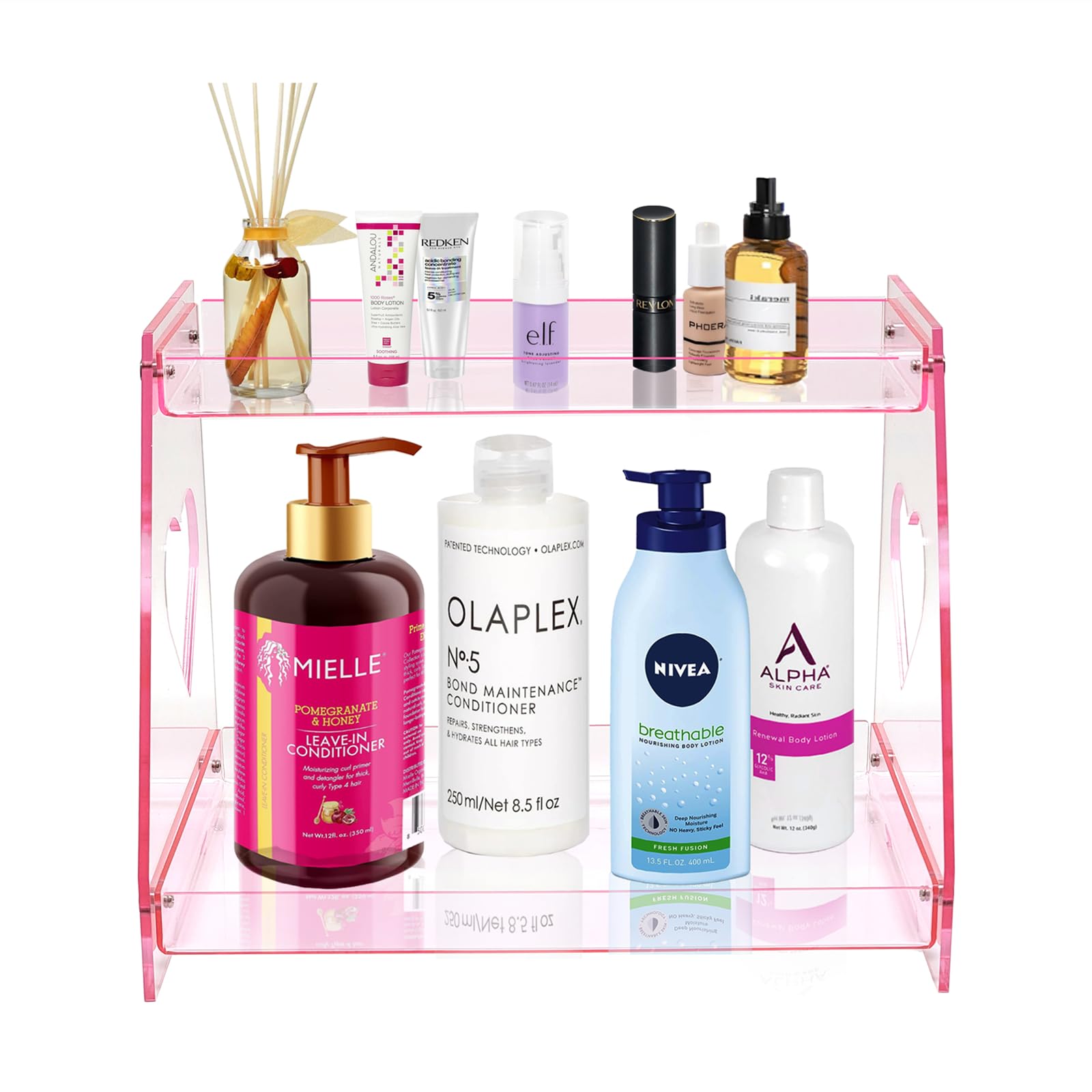 ROYALITA 2 Tier Pink Heart Bathroom Countertop Organizer Display Shelf, Acrylic Tray Vanity Perfume Storage Skincare Organizer for Counter, Cute Bathroom Sink Cosmetic Organizer Shelf
