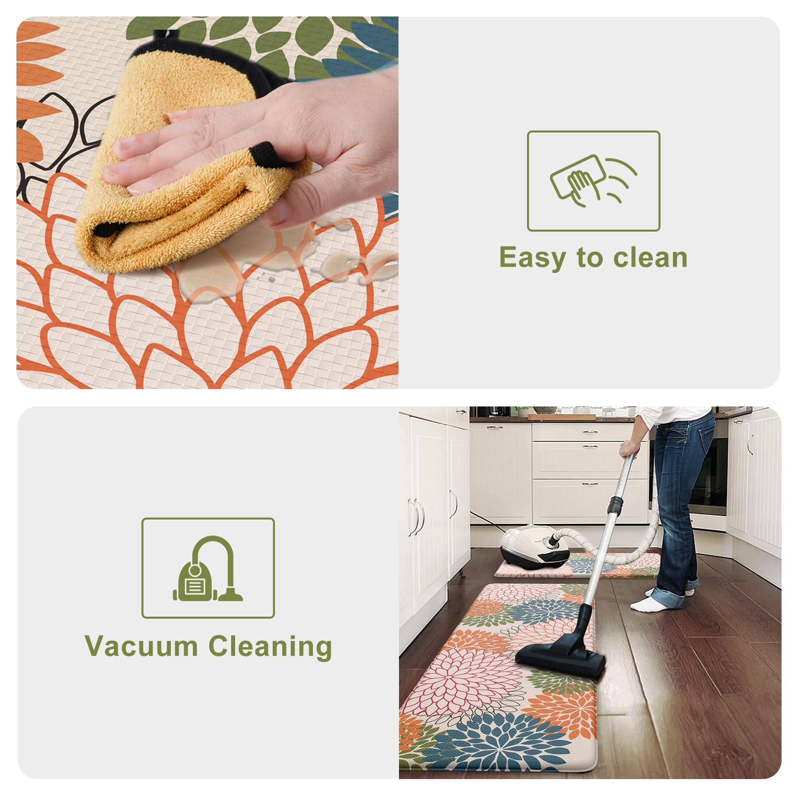 Kitchen Rugs and Mats Cushioned Anti Fatigue Kitchen Mat 2PCS Non-Skid Waterproof Kitchen Runner Rug Comfort Foam Standing Mat for Floors,Office,Laundry,Sink,Floral
