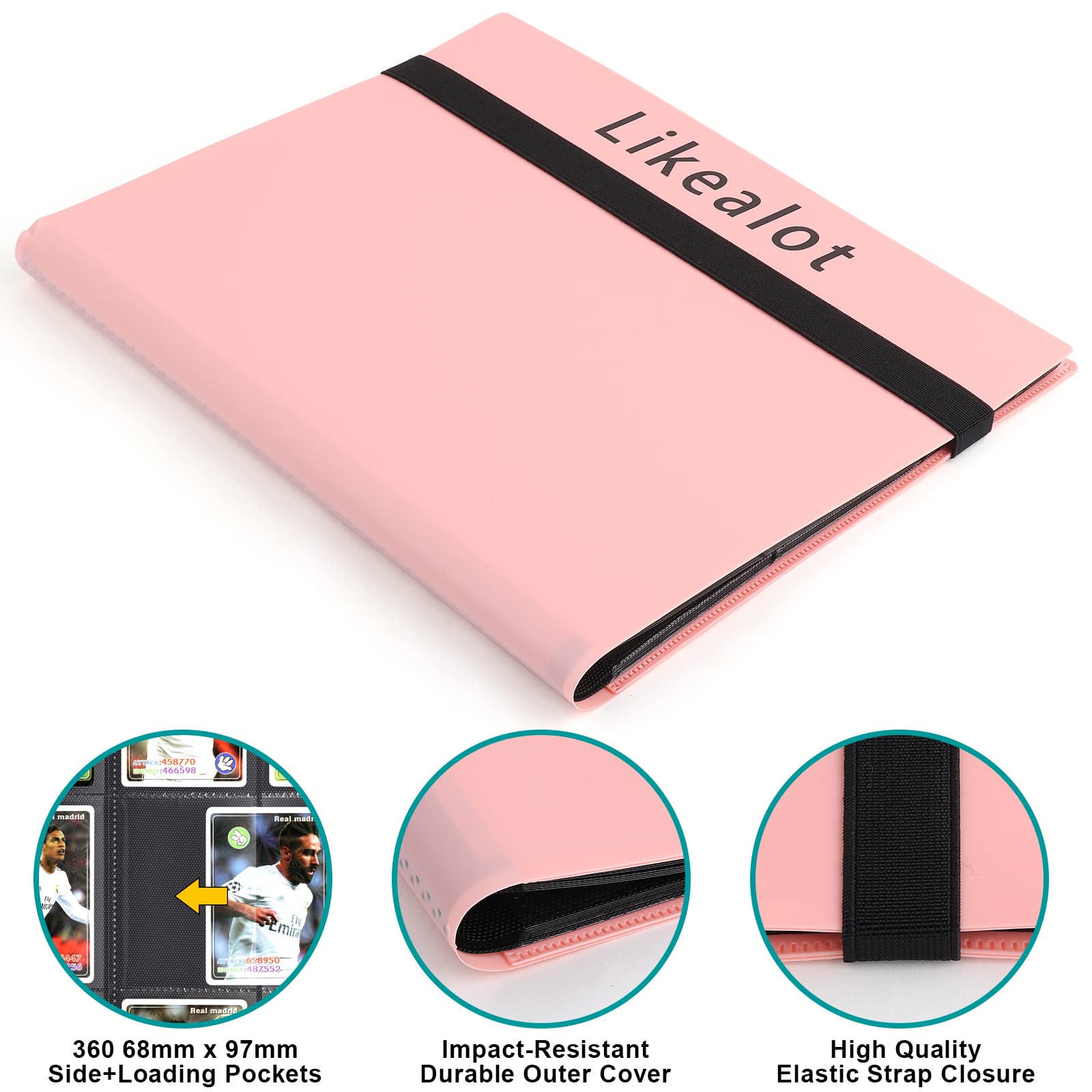 Likealot Trading Card Binder, 9 Pocket Trading Card Album Folder, 360 Side Loading Pocket Card Collection Binder for TGC, MTG, Yugioh (Pink)