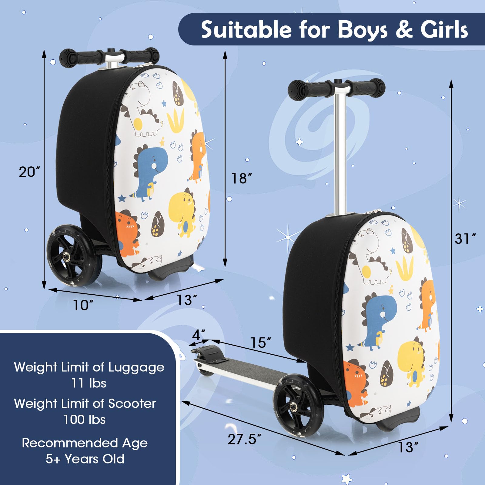 Goplus 2-in-1 Ride On Suitcase Scooter for Kids, 20ββ Carry on Luggage with LED Flashing Wheels, Waterproof Shell, Retractable Steering Handle, Lightweight Folding Scooter for Boys Girls (Dinosaur)