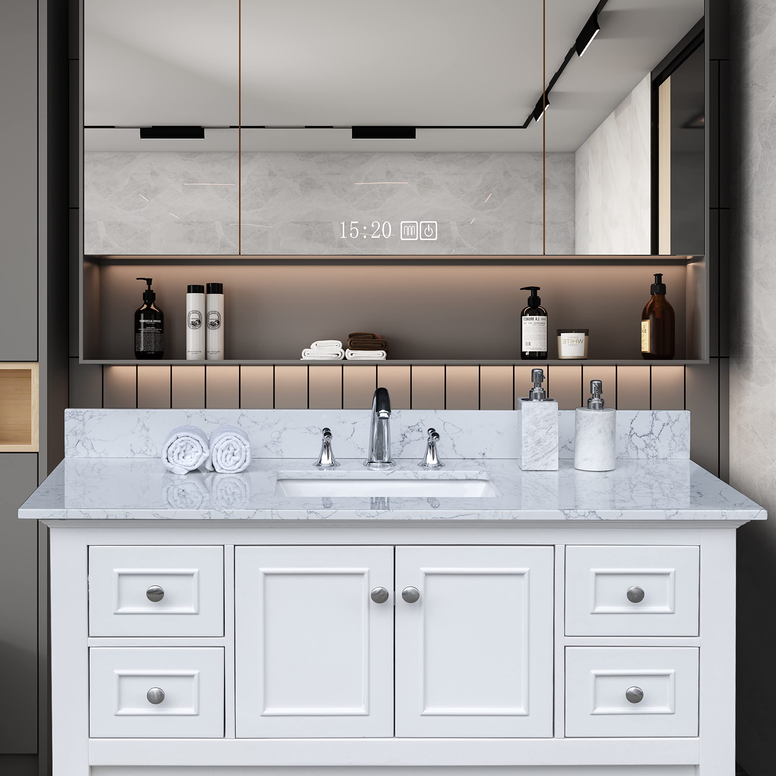 Montary 43"x 22" Bathroom Vanity Top Lightning White Engineered Marble Stone 3 Pre-Drilled Hole Vanity Top with Undermount Ceramic Sink and Backsplash (Not included Faucet)
