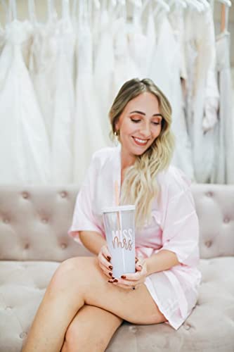 Pearhead Miss to Mrs. Tumbler, Travel Mug, Reusable Coffee Cup, Bride to Be Wedding Accessory, Bachelorette Accessory, 22oz Tumbler with Lid and Straw