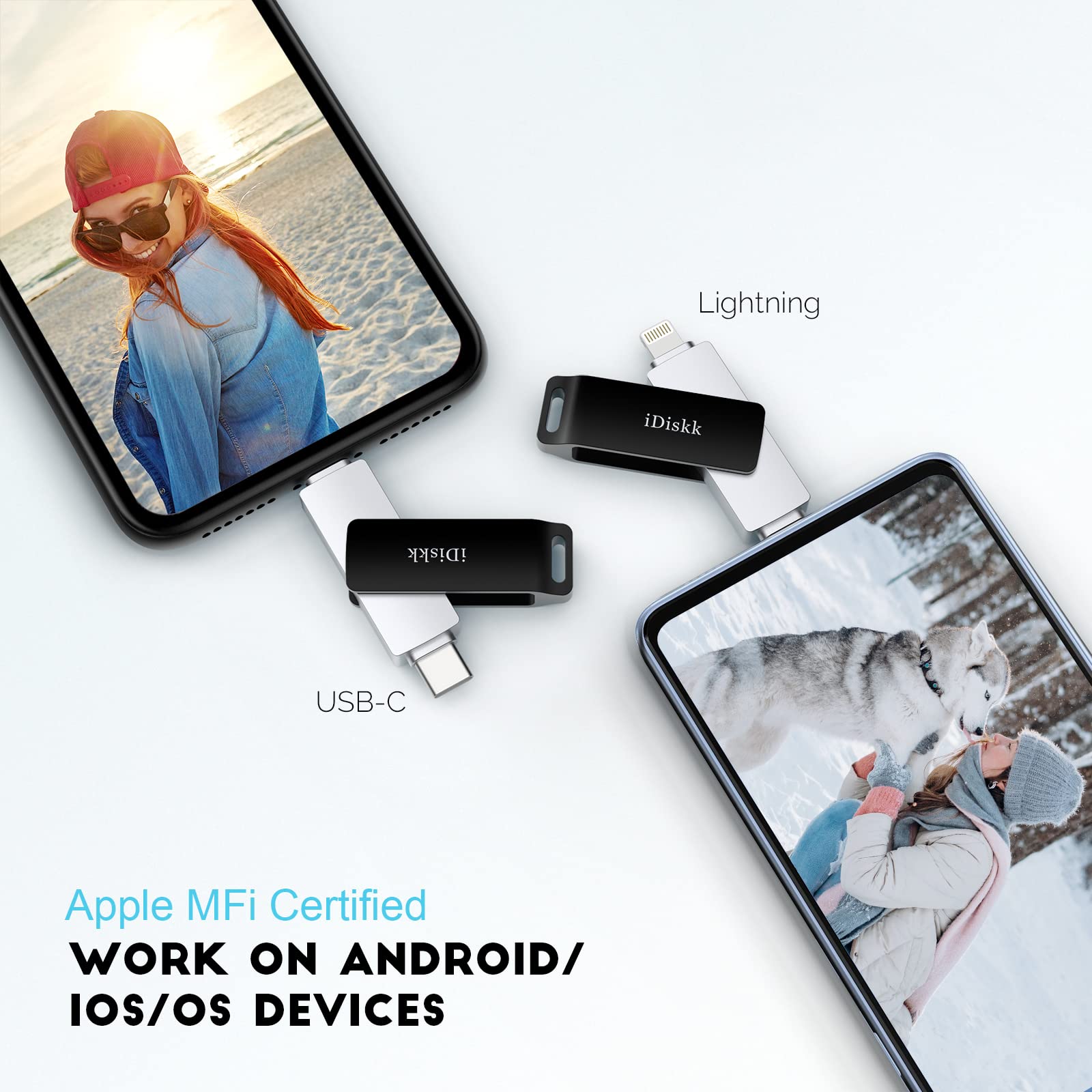 MFi Certified iDiskk 256GB Photo Transfer Device Flash-Drive for iPhone Photo Storage iPad Lightning USB C Android Photo Stick iPhone