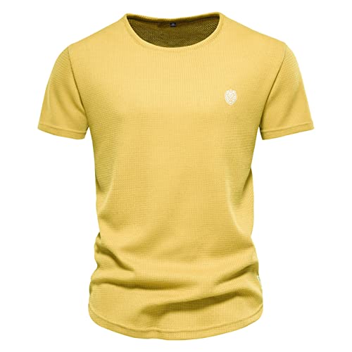 Mens Outdoor Short Sleeved Embroidered T Shirt Spring Plain Casual Top Yellow