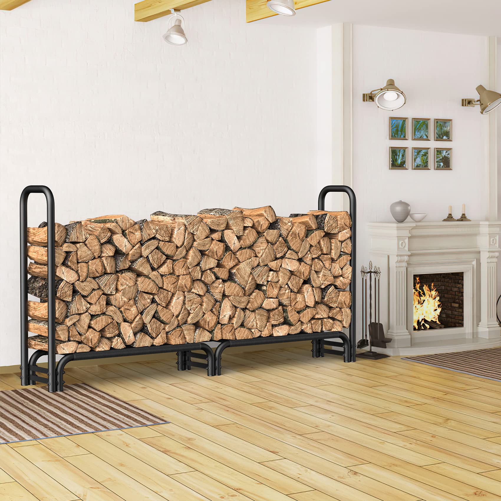 Mr IRONSTONE 8ft Firewood Rack outdoor with Mesh Base, For Store Logs of Various Size, Fireplace Wood Storage indoor for Courtyard, Patio (Capacity 650 lbs)