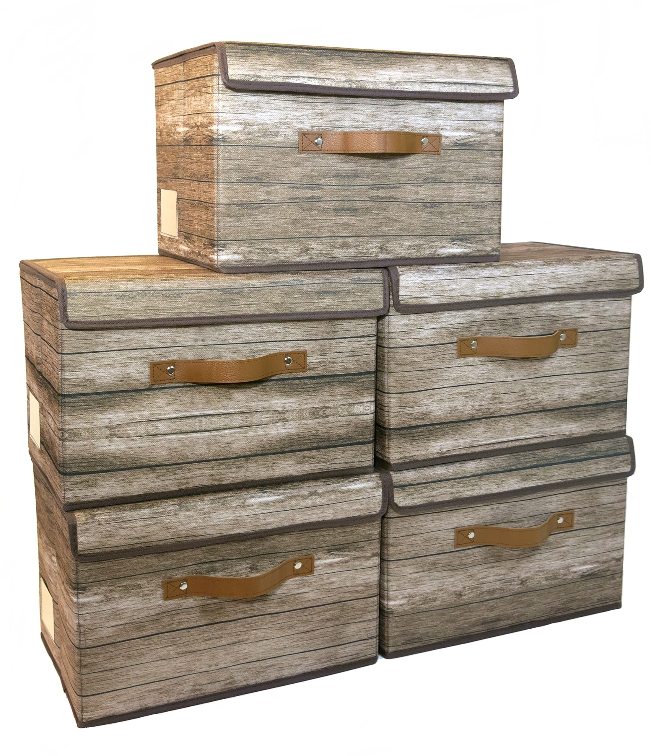 KaleaBoutique KB Foldable Storage Bins with Lids Fabric Collapsible Stacking Boxes, Closet Organizers Storage, Laundry Room Bins, Office Home Storage Bins (Set of 5 Bins, Reclaimed Wood)