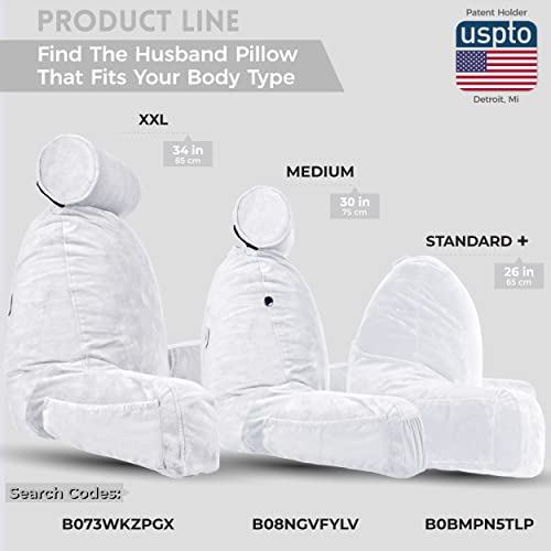 Husband Pillow Combo - Backrest Pillow with Arms : XXL White & Lap Desk Bed Tray : Grey - Memory Foam Reading Pillows for Bed w/Removable Neck Roll & Laptop Bed Tray Table
