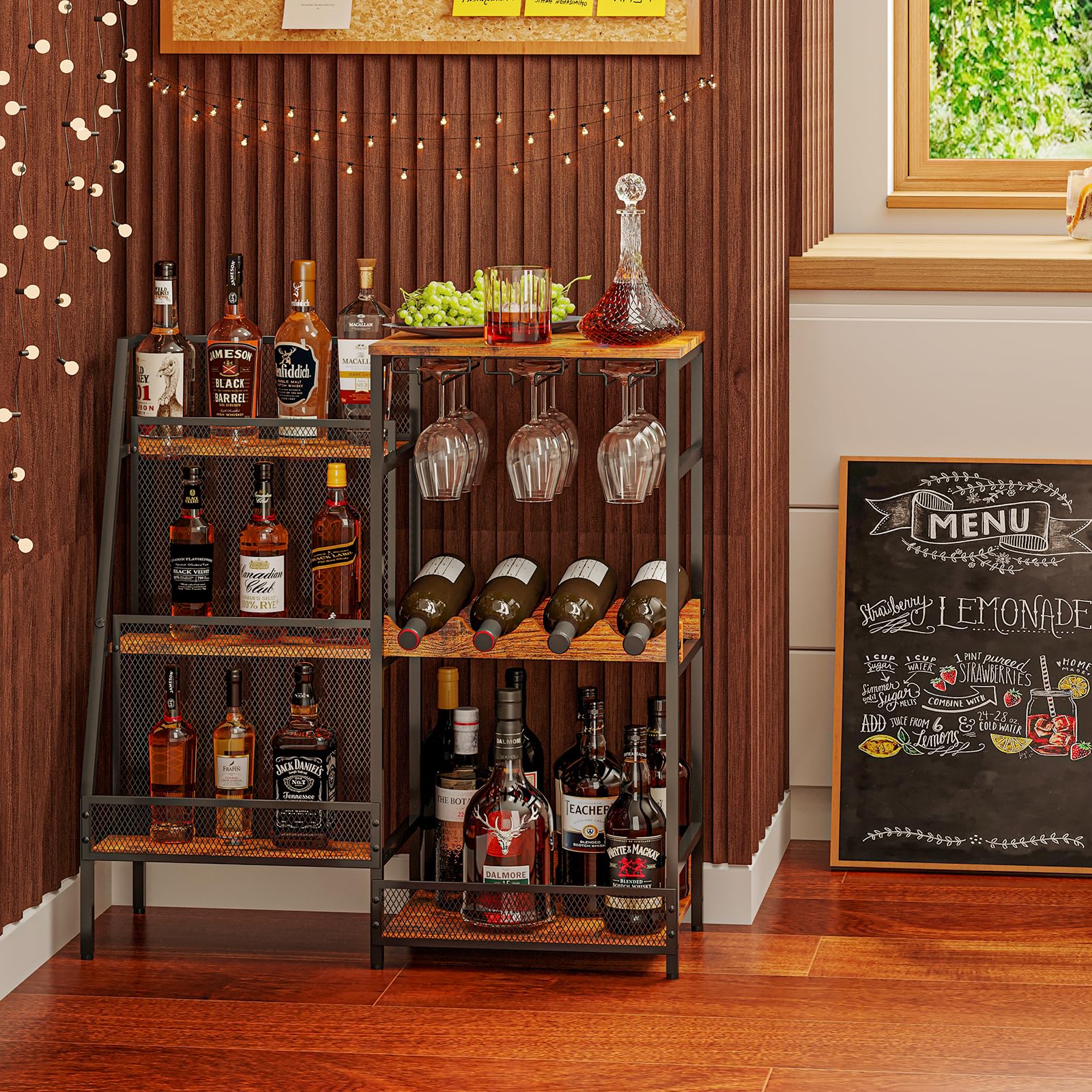 Versatile Liquor Stand for Home Bar, Wine Rack Freestanding Floor, Mini Bar Table for Liquor Whiskey Wine, 3-Tier Trapezoidal Liquor Bottle Display Shelf with Glass Holder and Fences(Patent Pending)