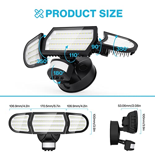 Olafus 80W Flood Lights Outdoor Motion Sensor Light, LED Security Light IP65 Waterproof, 7300LM Motion Activated Light, 3 Head LED Flood Light, 6500K PIR Sensor Lighting for Garage Yard Porch Patio