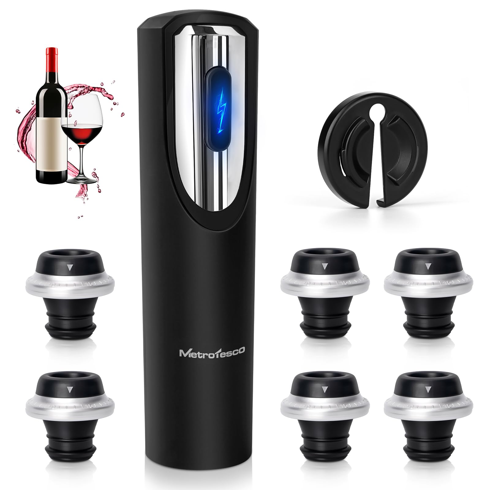 MetroTesco Electric Wine Preserver Vacuum Pump, Auto Wine Stopper Vacuum, Wine Saver Pump with 6 Wine Bottle Stoppers + 1 Foil Cutter, Gift Sets for Wine Lovers Keep Wine Fresh