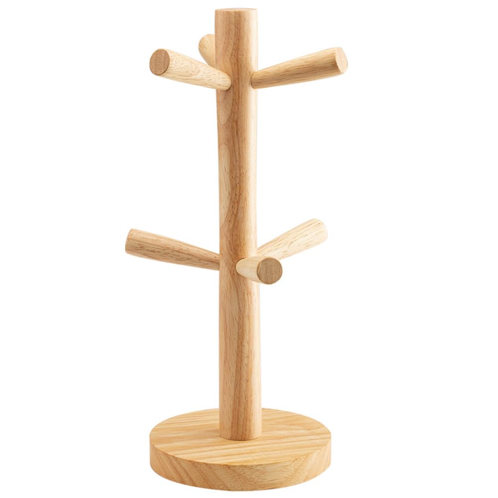 TUPANDY Mug Holder Wooden Mug Rack Tree with 6 Hooks Coffee Cup Organizer Stand Wood Mug Hanger Stand for Display Coffee Mugs Glasses and Cups for Kitchen Dinnerware Storage, FBA-HYYU66899