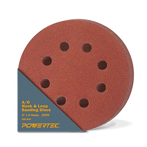 POWERTEC 45032 5 Inch 8 Hole Hook and Loop Sanding Discs, 320 Grit, 25 PK, Sandpaper for Random Orbital Sanders