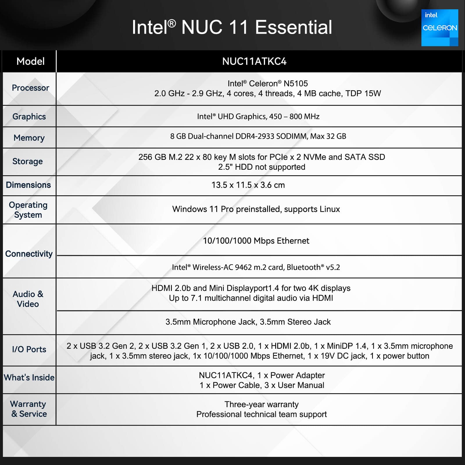 Intel NUC 11 Mini PC with Quad-Core Celeron N5105, Versatile Mini Computers 8GB DDR4 RAM & 256GB SSD - Support HDMI Dual 4K UHD/Bluetooth v5.2/Windows 11 Pro preinstalled(NUC11ATKC4)