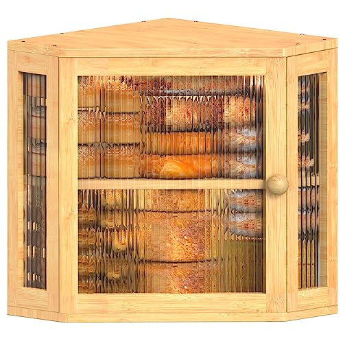RYLTKISS Corner Bread Box–Extra Large Bread Box for Bread Storage-Durable Bamboo Wood Bread Box for Kitchen Countertop-Double Bread Container with Adjustable Height, Modern Bread Box Easy To Assemble