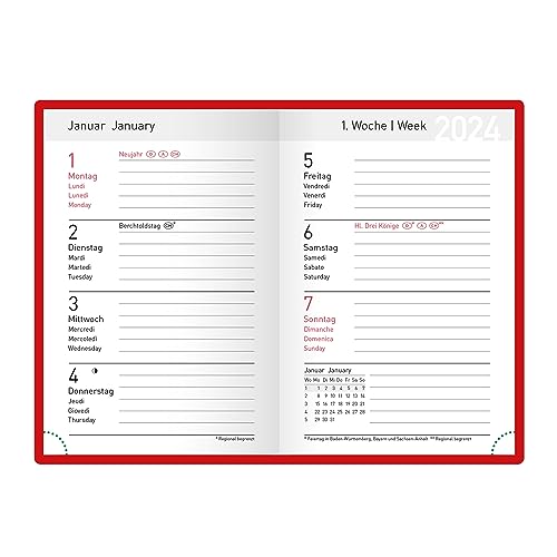 Idena 11043 Pocket Diary 2024, DIN A7, Red, 168 Pages, Daily Planner, Week to View