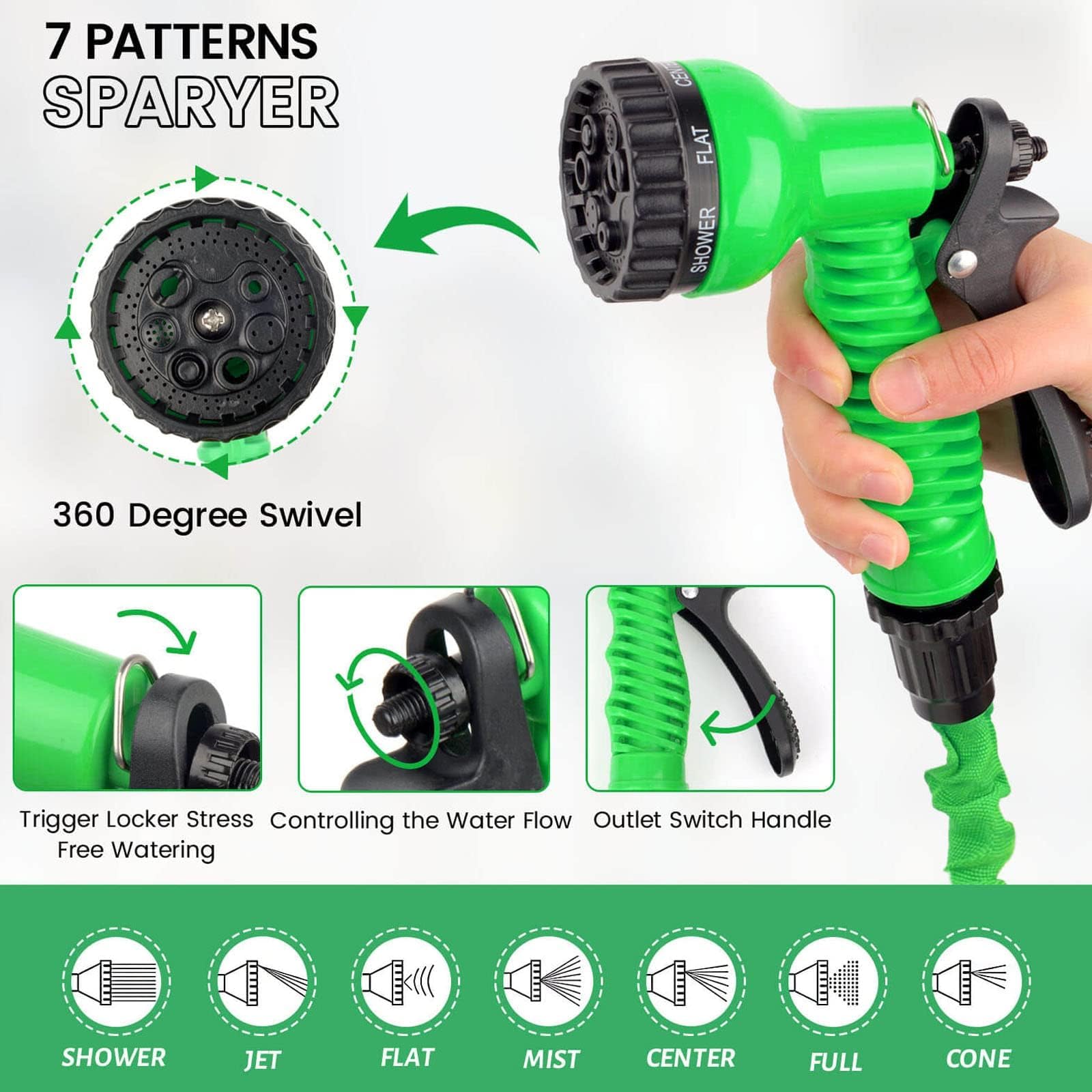 Numhew Expandable Garden Hose Water Pipe - 50FT Upgraded Expandable Water Hose with 7 Pattern Spray Nozzle, Retractable Latex Core Flexible Expanding Hose, Green