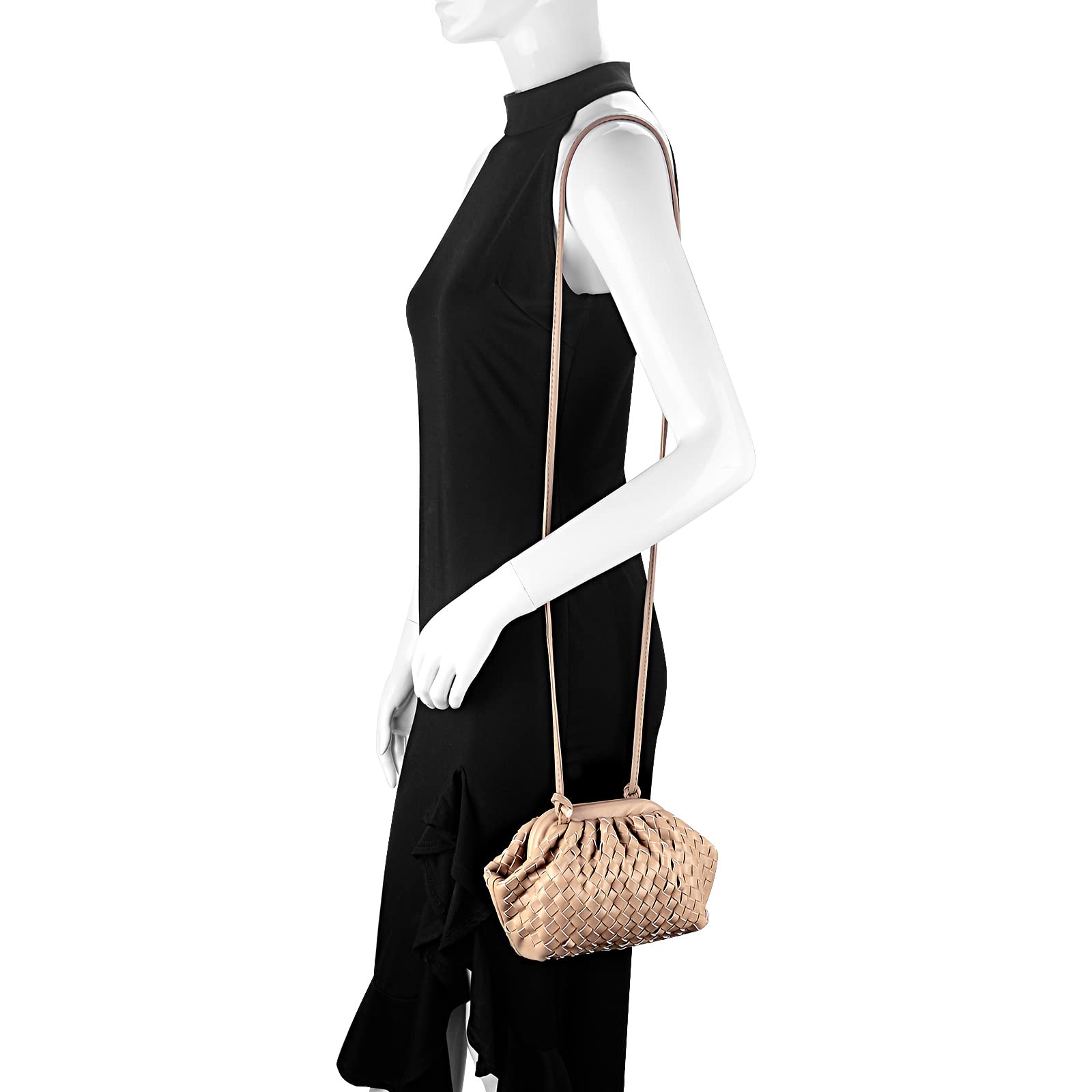 Linkidea Cloud-Shaped Dumpling Clutch Purse, Woven Crossbody Bags for Women, Vegan Leather Soft Ruched Trendy Shoulder Strap Bag (Khaki)