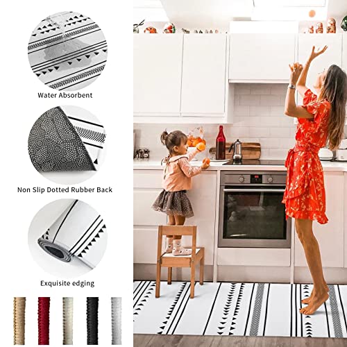 Kitchen Rugs Area Runner for Hallways Simple Geometric Boho Style Non-Slip Accent Carpet Indoor Floor Long Doormat Abstract Black and White Art Kitchen Mats Laundry Room Rug Entryway Runners